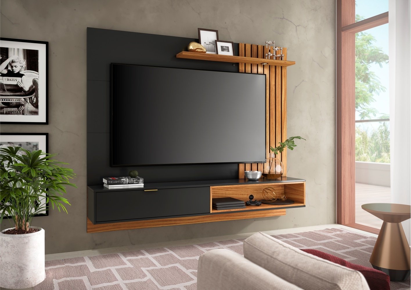 Home para TV Ripado e Portas Ivelis 1.8 Preto Noce | MadeiraMadeira