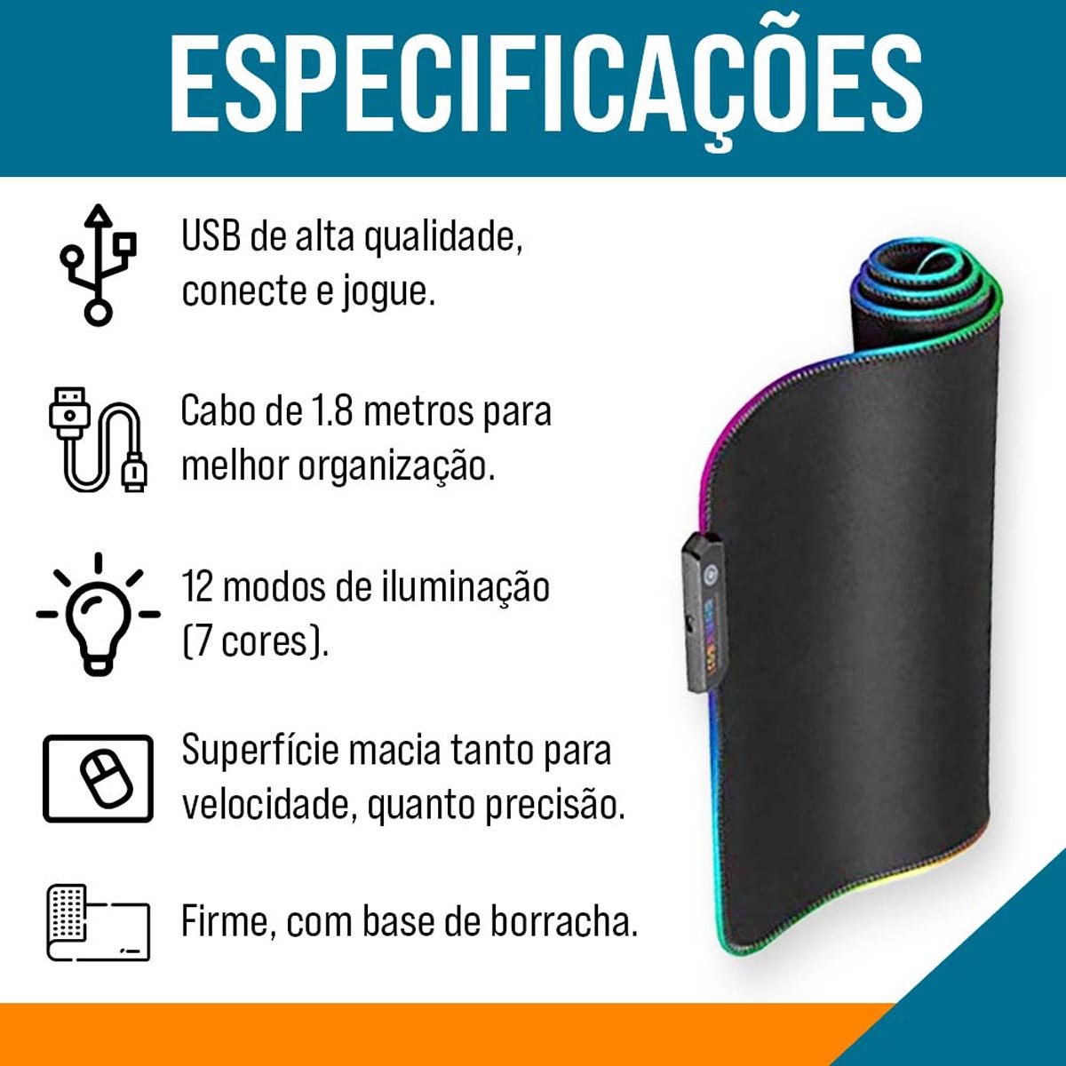 Mousepad Gamer Led Rgb 7 Cores Tamanho Grande 80 X 30cm Mp01 ...