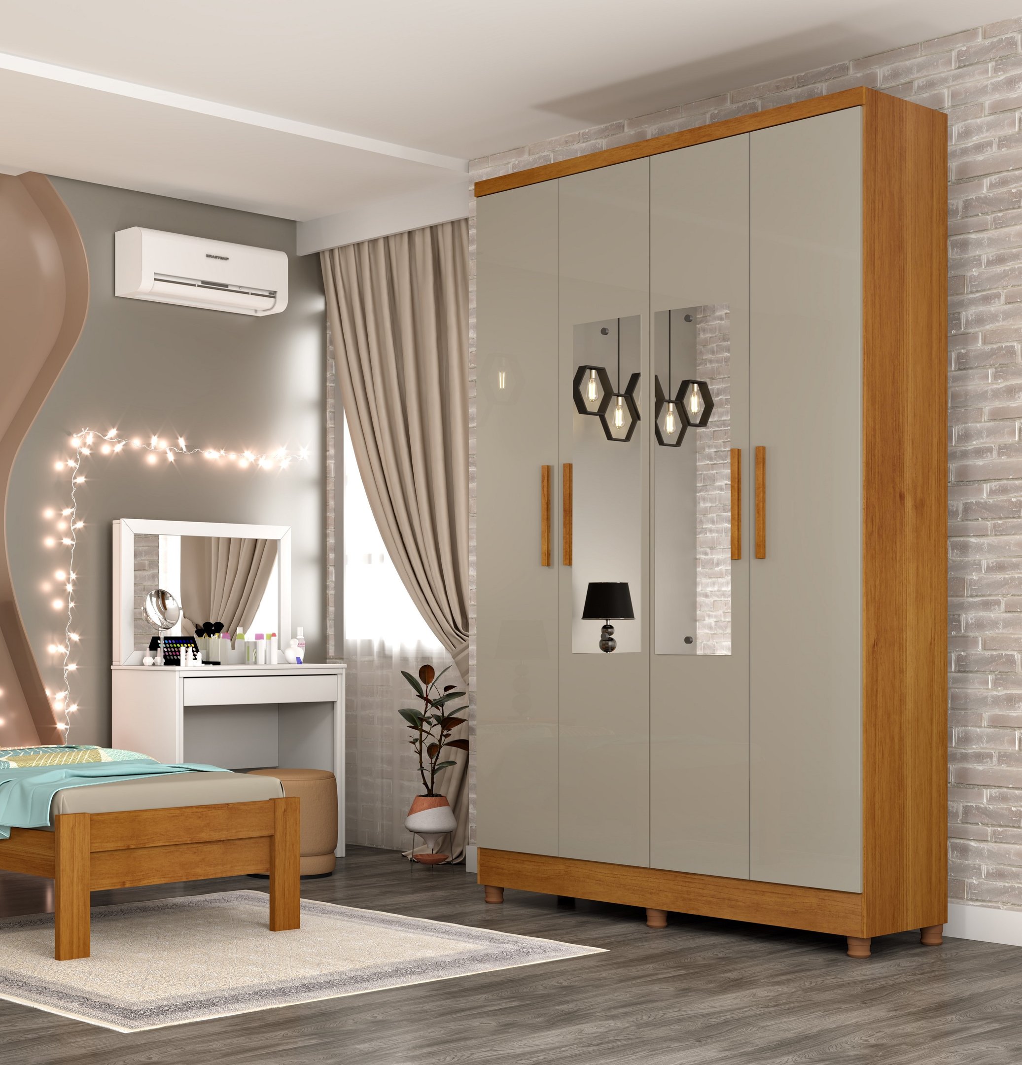 Guarda Roupa Solteiro com Espelho e pés 4 Portas 2 Gavetas 133cm Amsterdam | MadeiraMadeira