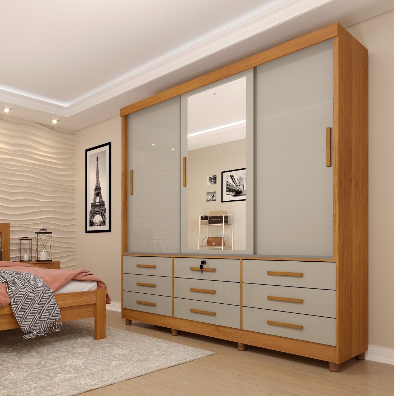 Guarda Roupa Casal com Espelho e pés 3 Portas 9 Gavetas 199cm Chicago ...