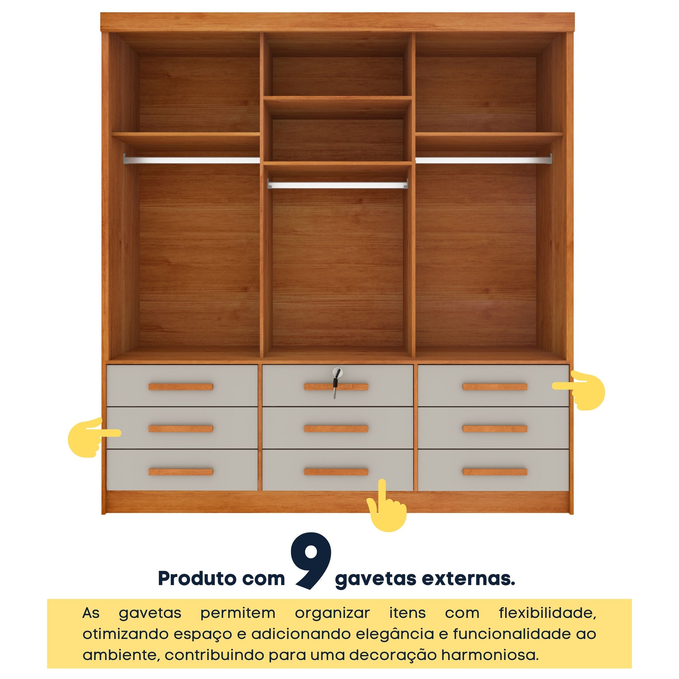 Guarda Roupa Casal com Espelho 3 Portas de Correr 9 Gavetas 199cm Chicago | MadeiraMadeira