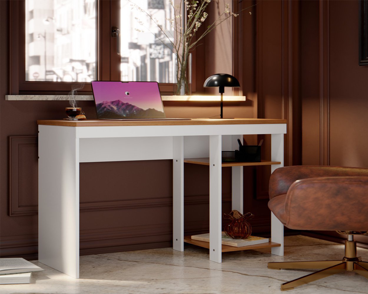 Escrivaninha Mesa Escritório Trabalho Notebook Estudo Beta Moveis House Branco/Nature ...
