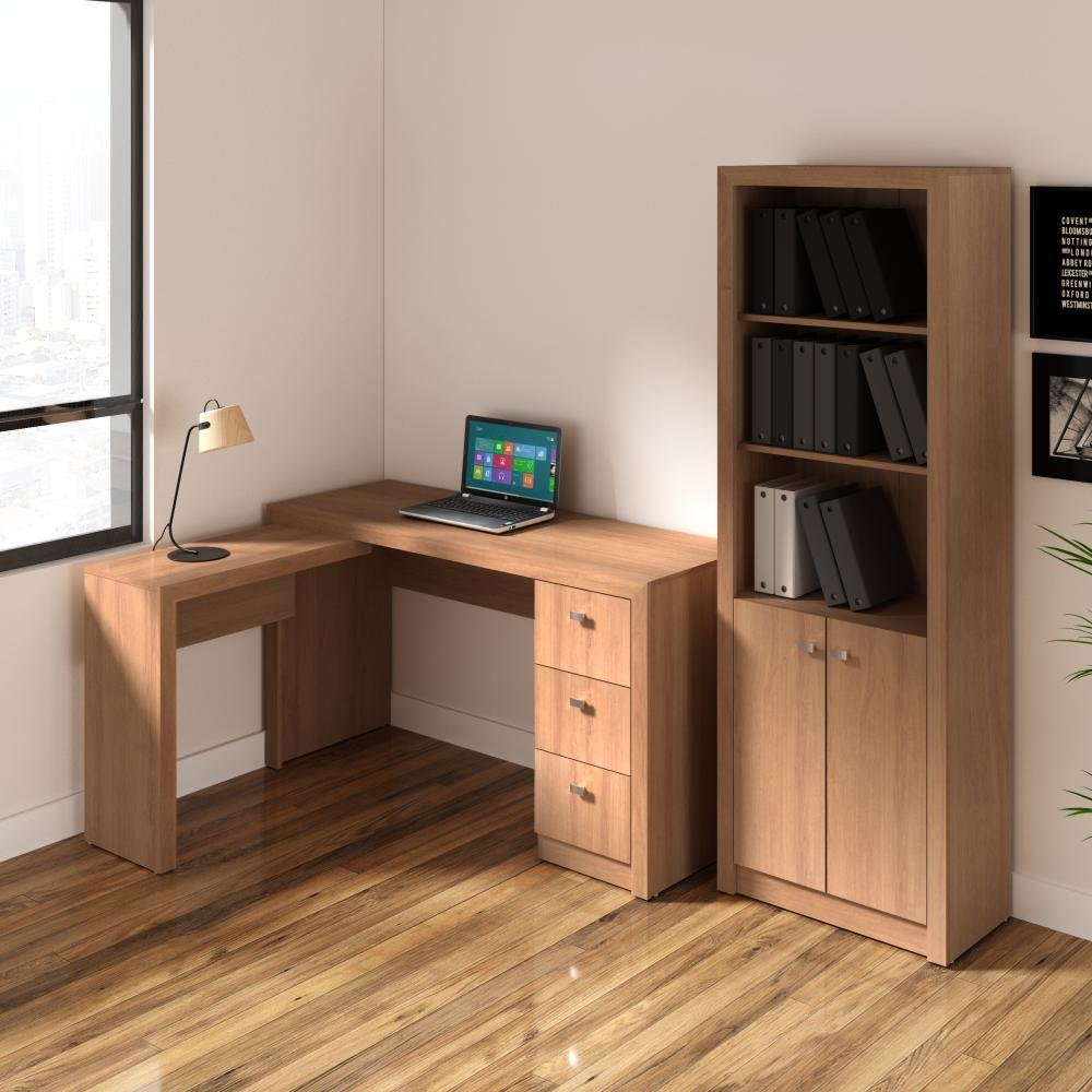 Conjunto Para Escritório com Escrivaninha de Canto ME4101 e Armário ME4110 Amendoa Tecno Mobili ...