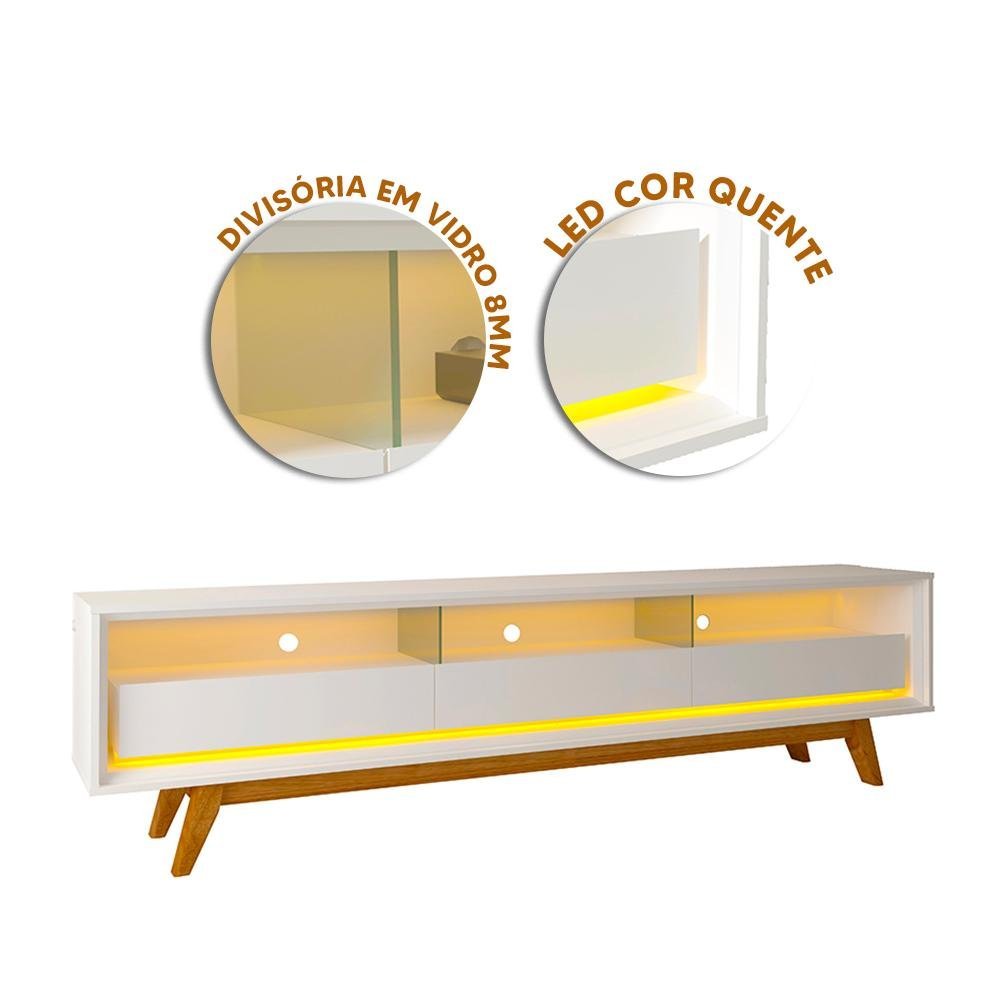 Rack para Sala Tv até 75 Polegadas com Led e Pés em Madeira Branco ...