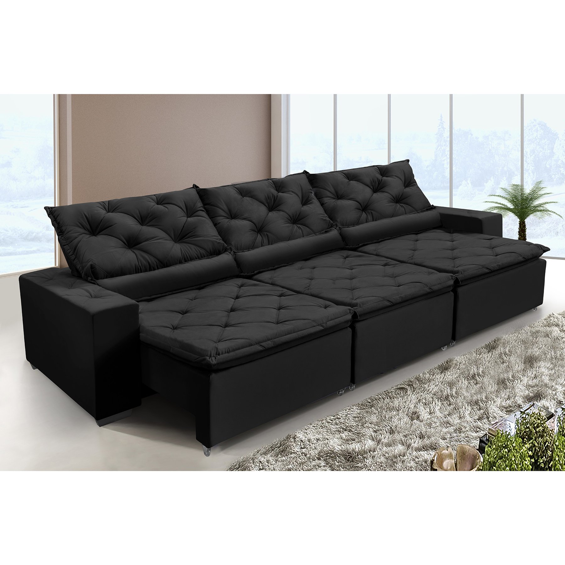 Sofá Monaco 3,52m Retrátil Reclinável SUEDE Preto | MadeiraMadeira