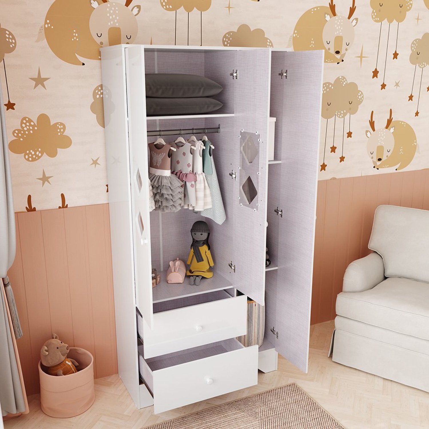 Guarda Roupa Infantil 3 Portas com Janelas Losango e 2 Gavetas 100% MDF ...