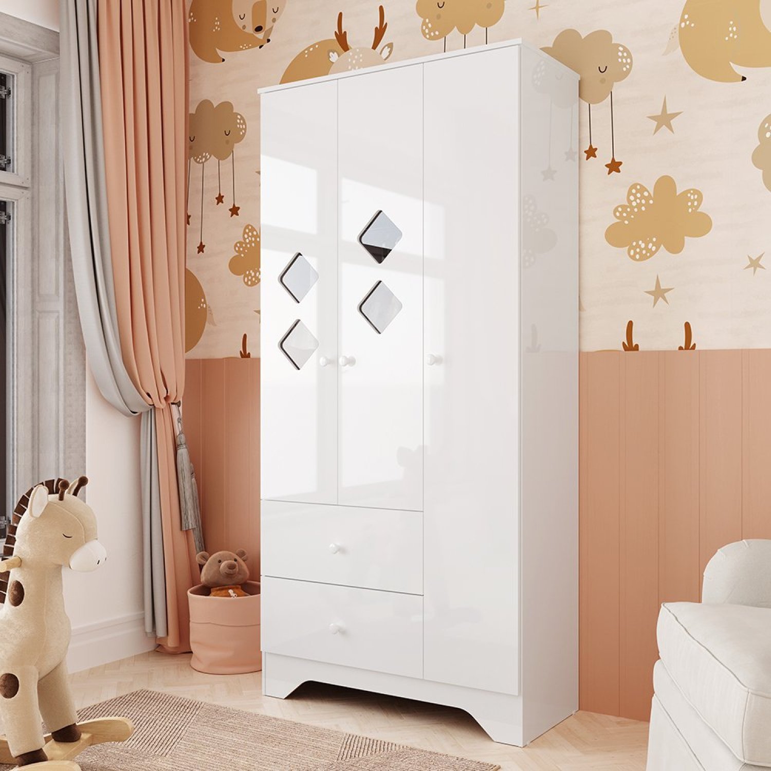 Guarda Roupa Infantil 3 Portas com Janelas Losango e 2 Gavetas 100% MDF ...