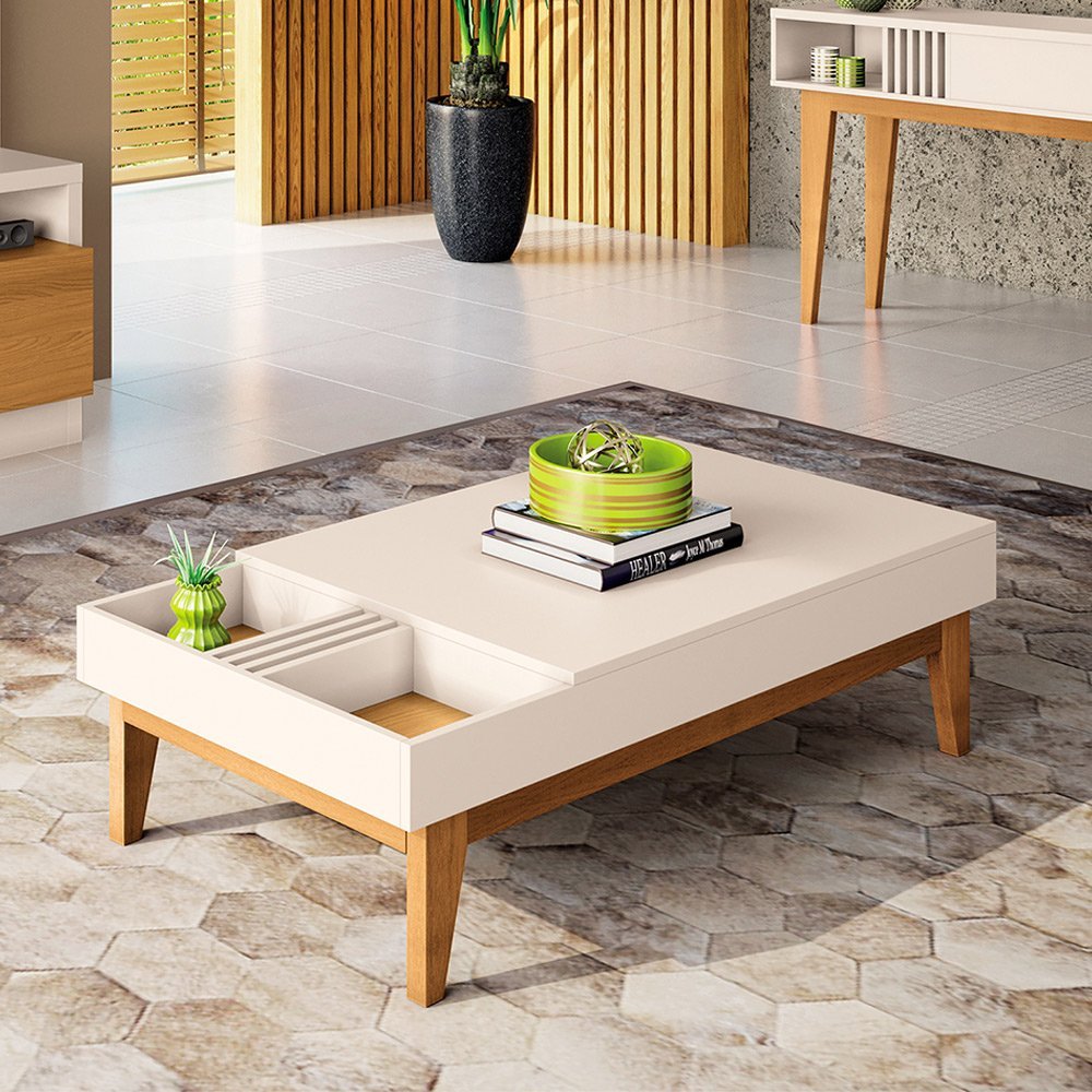 Mesa de Centro Decorativo Ripado Pés Madeira Maciça Bled Off White ...