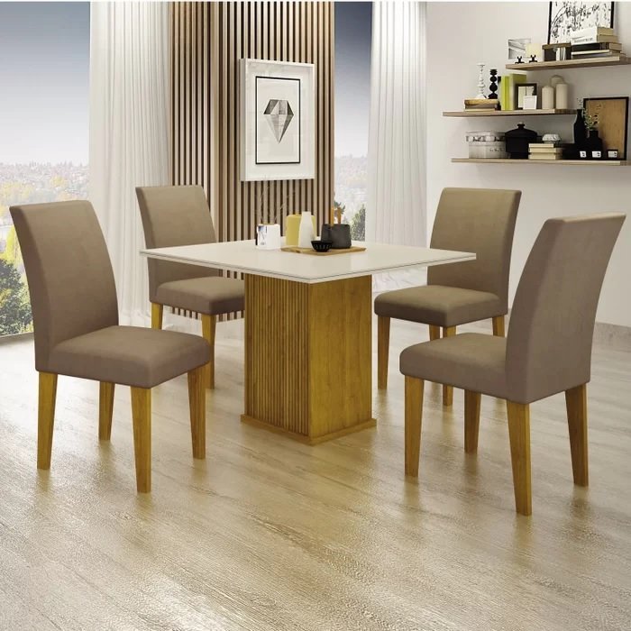 Conj Mesa Napoli 90x90 Freijó Vidro Off White C 4 Cadeiras Doha