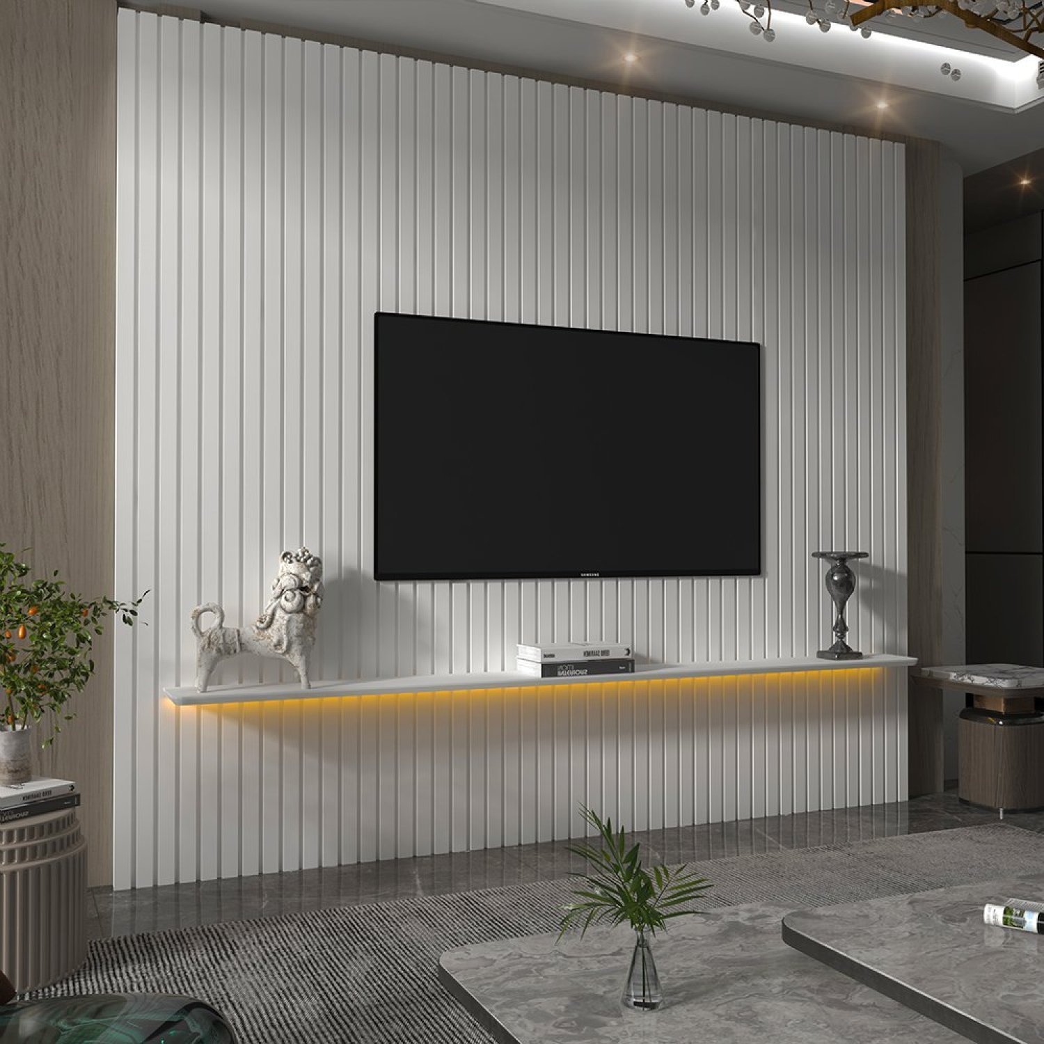 Painel Ripado Para TV até 75 Polegadas com LED 1 Prateleira Nobre 230cm Gelius Móveis ...