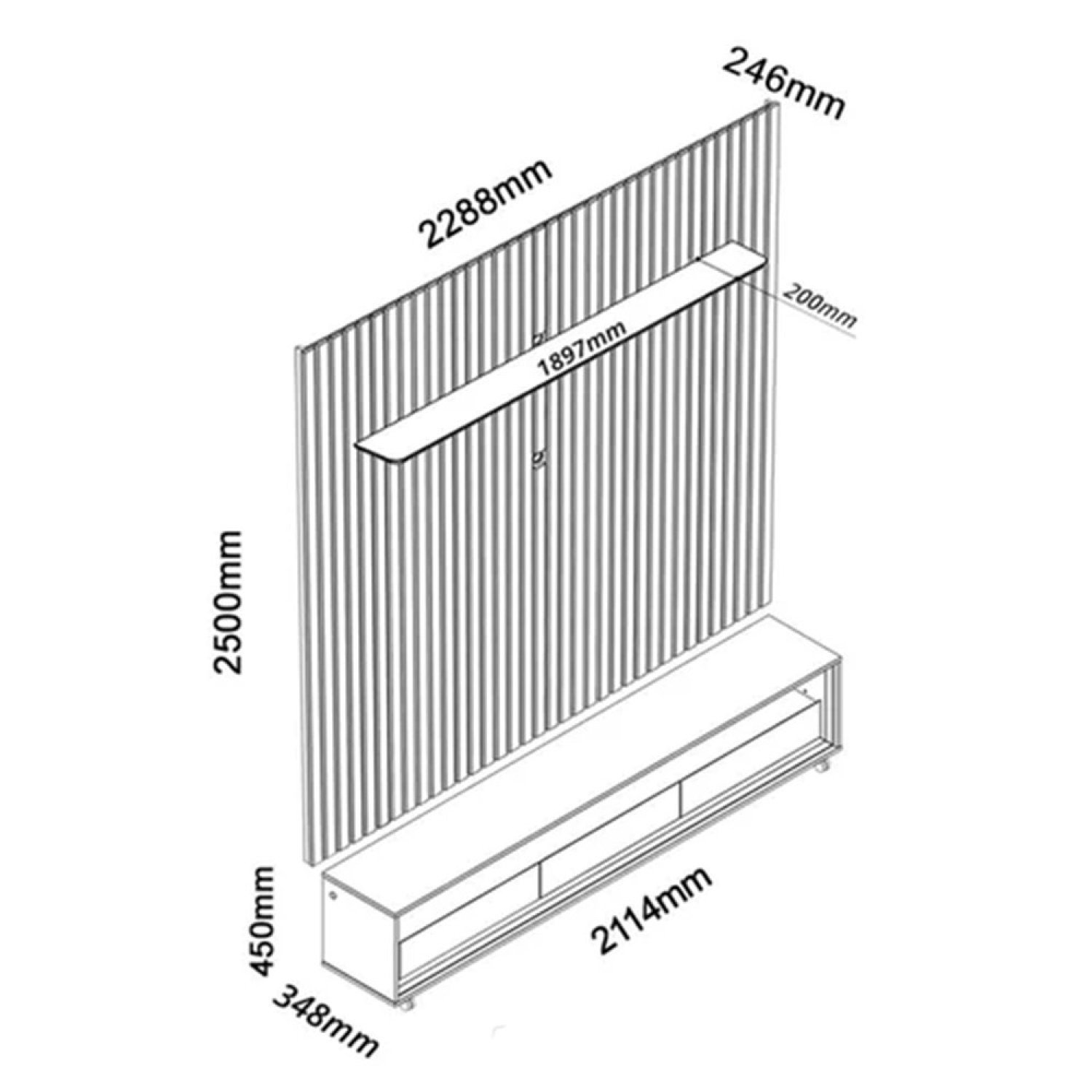 Rack com Painel Ripado para TV até 84 Polegadas LED 3 Gavetas com Rodízios 230cm Gelius Naturale ...