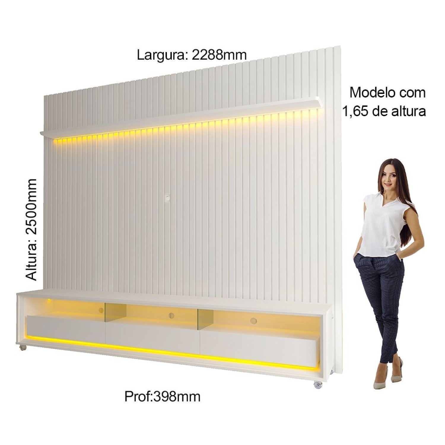 Rack com Painel Ripado para TV até 84 Polegadas LED 3 Gavetas com Rodízios 230cm Gelius Naturale ...