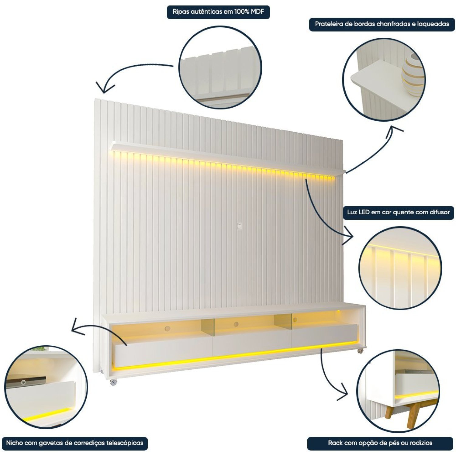 Rack com Painel Ripado para TV até 84 Polegadas LED 3 Gavetas com Rodízios 230cm Gelius Naturale ...