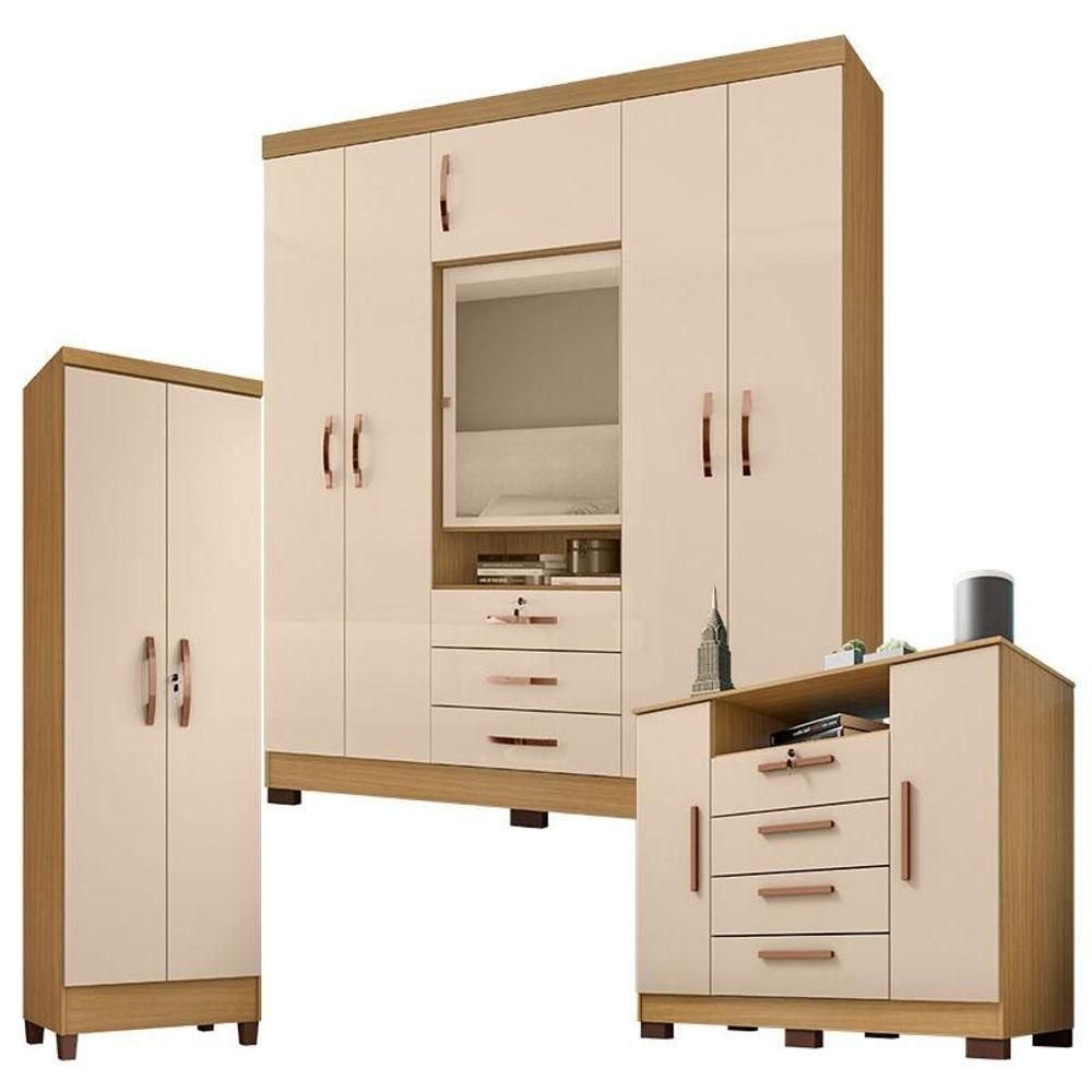 Guarda Roupa Casal Imperial com Cômoda Madri e Armário Multiuso Egito Carvalho Americano Off ...