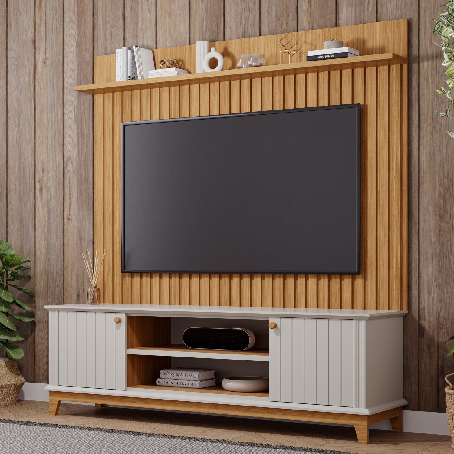 Rack 2 Portas e Painel Ripado Para TV até 70 Polegadas Porto Espresso ...