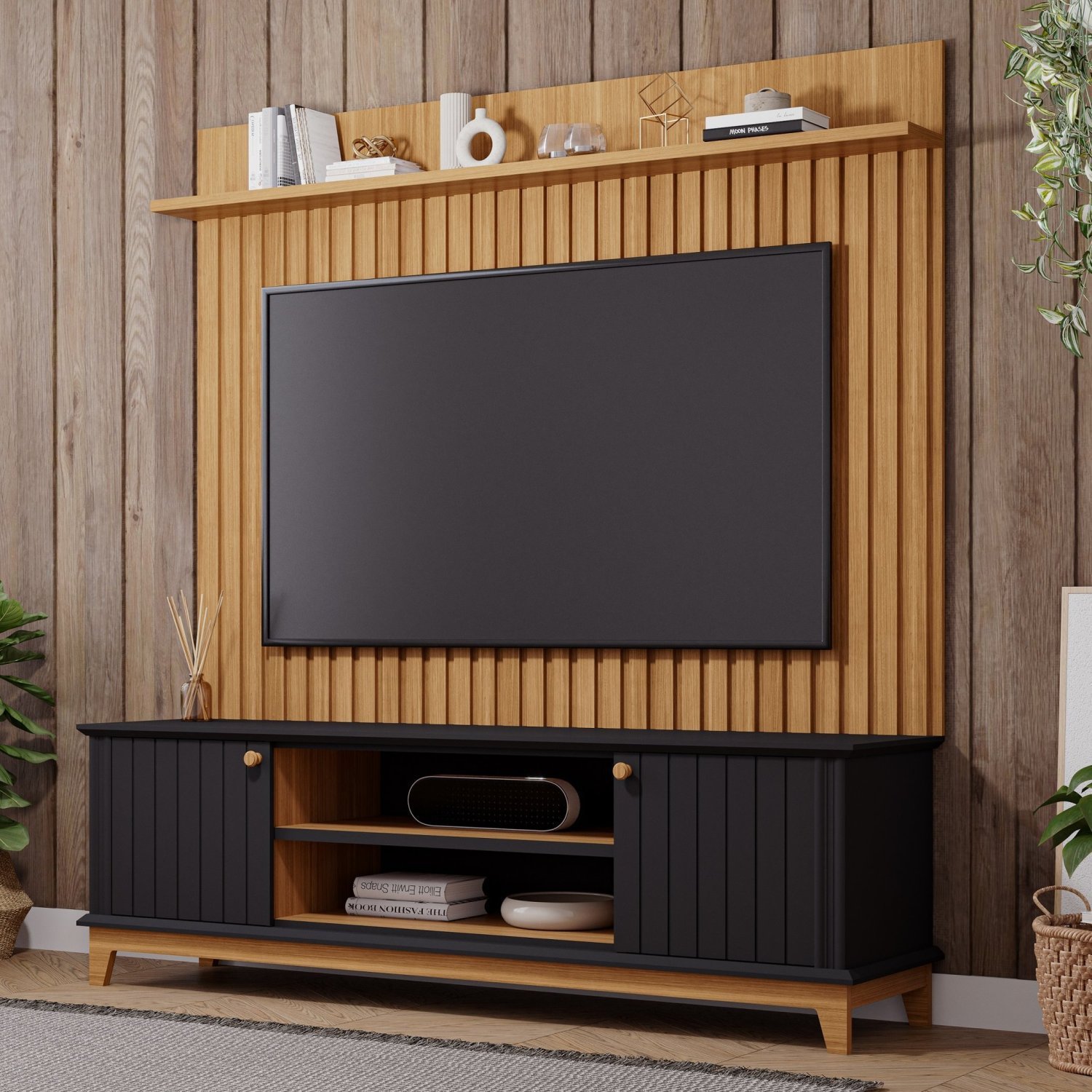 Rack 2 Portas e Painel Ripado Para TV até 70 Polegadas Porto Espresso Móveis | MadeiraMadeira