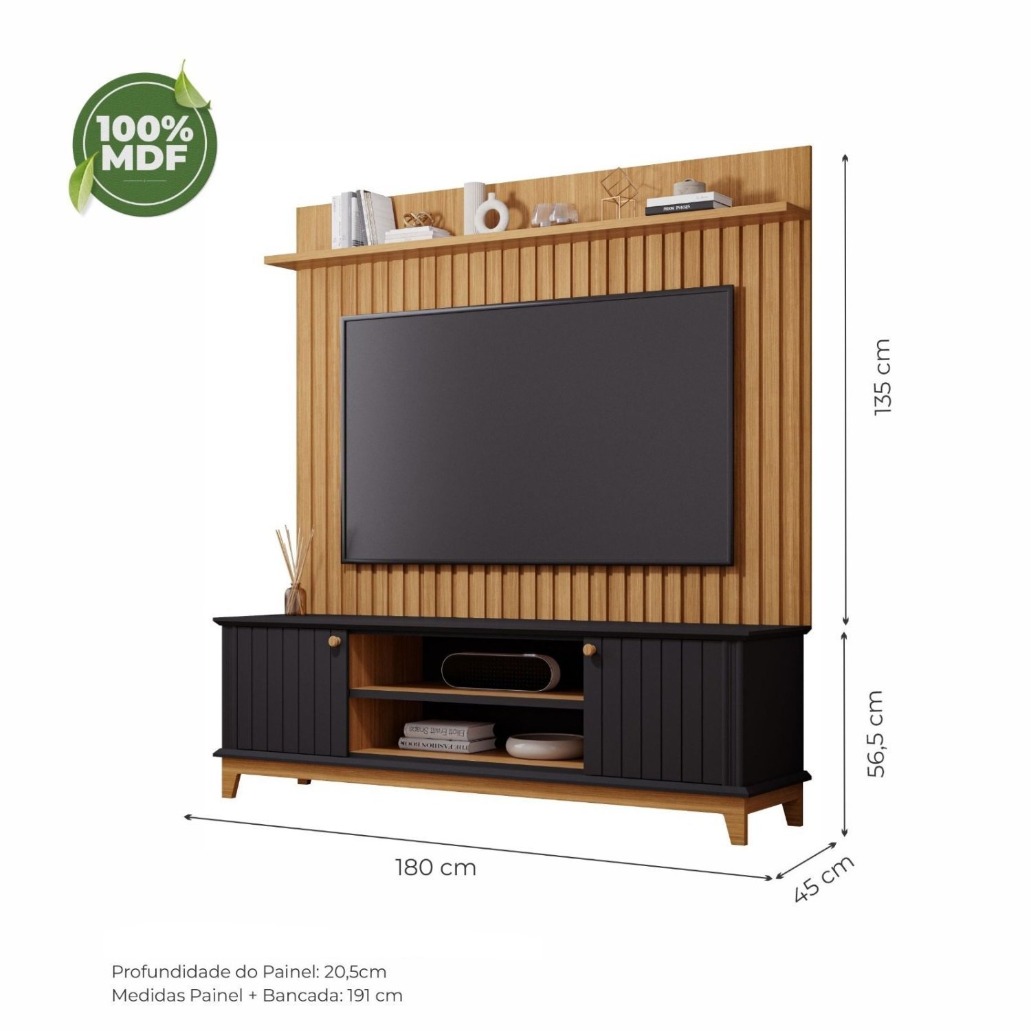 Rack 2 Portas e Painel Ripado Para TV até 70 Polegadas Porto Espresso Móveis | MadeiraMadeira