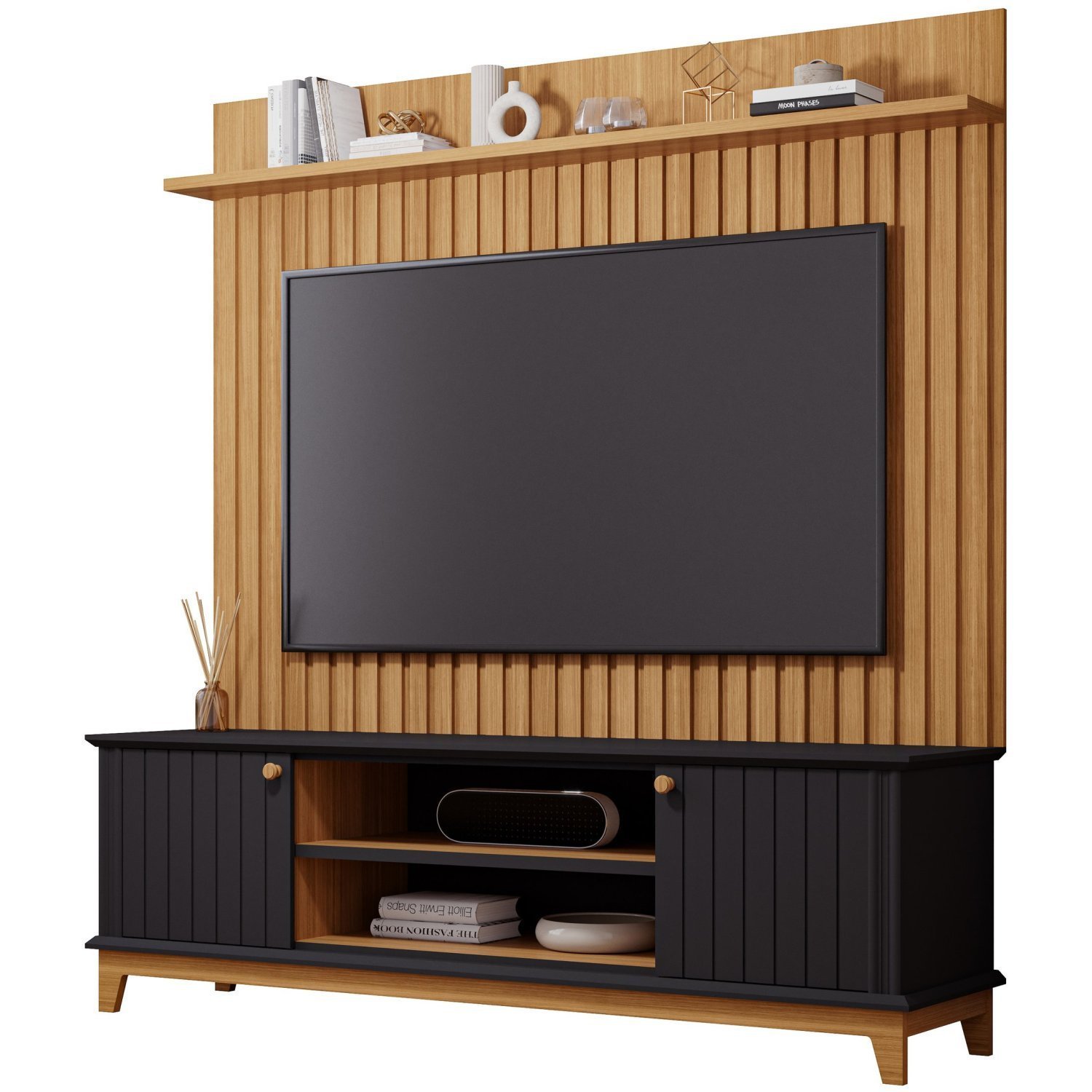 Rack 2 Portas e Painel Ripado Para TV até 70 Polegadas Porto Espresso Móveis | MadeiraMadeira