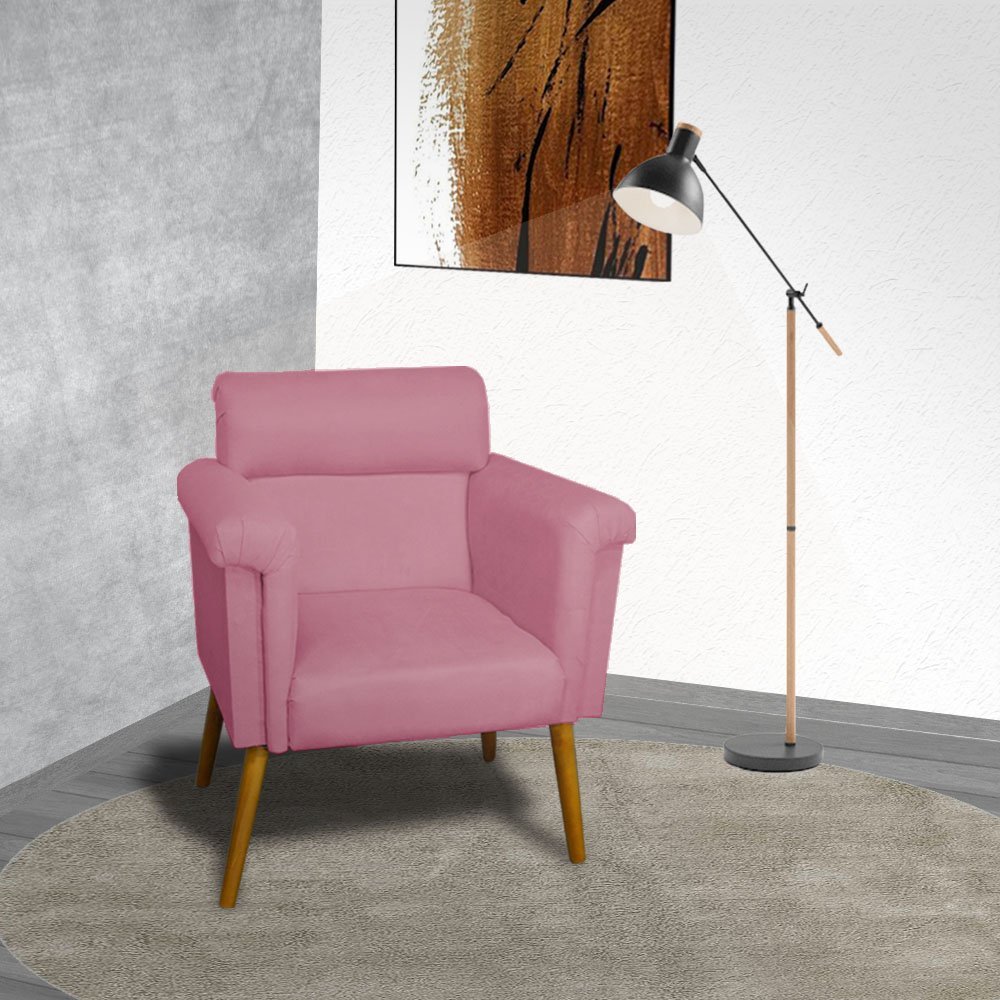 Poltrona Decorativa Elisa Suede Rosa Pés Madeira Mz Decor | MadeiraMadeira