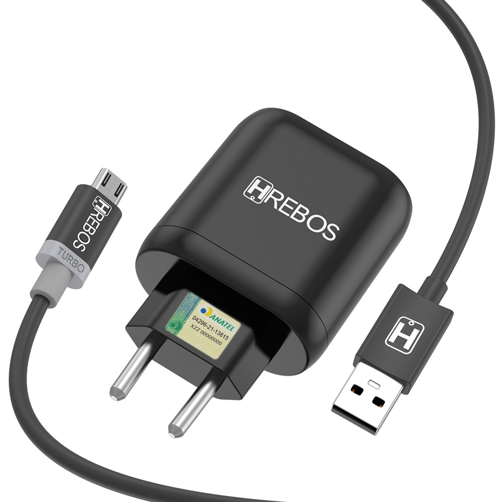 Carregador Celular Dual Usb Turbo Hrebos Com Cabo Micro Usb V8 Preto ...