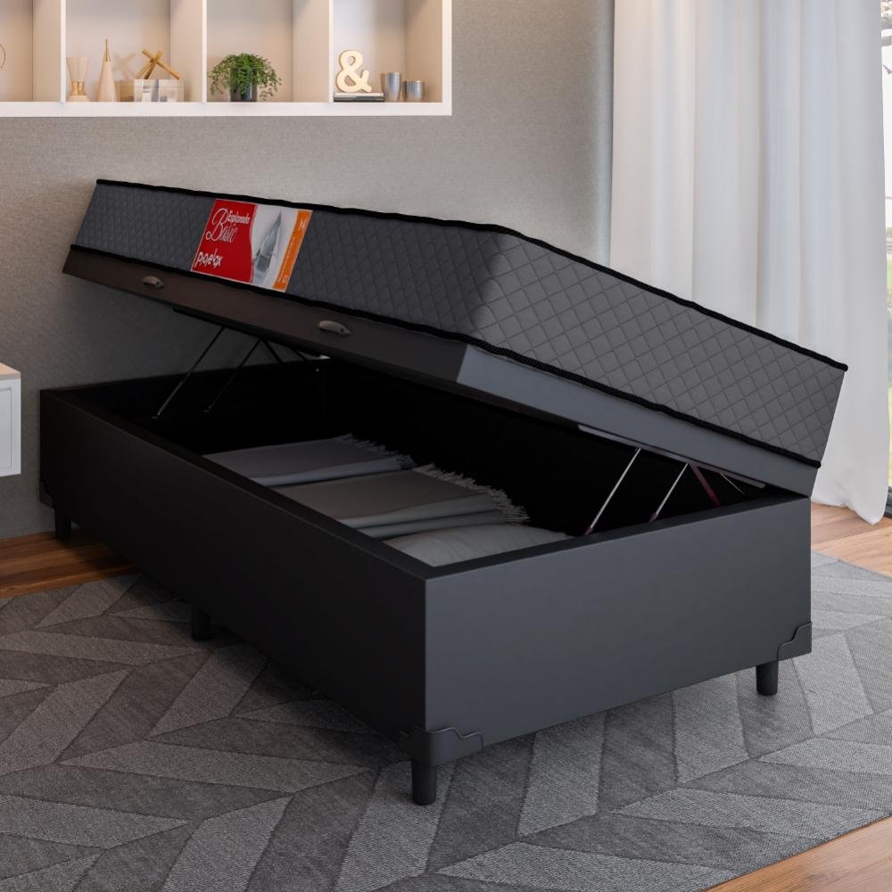 Cama Box Baú Solteiro Colchão Molas Esplanada 88x188x58cm Grafite Bordado Suporta até 90Kg Por ...