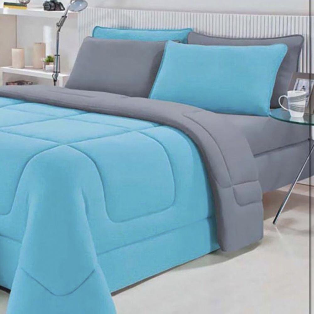 Edredom Dupla Face King Size Azul Turquesa com Cinza | MadeiraMadeira