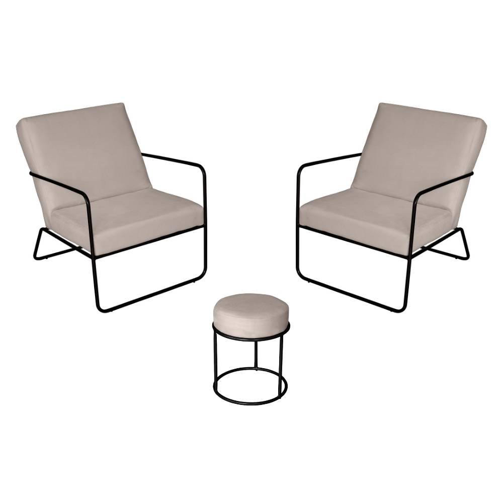 Kit 2 Poltrona para Descanso Iza Com Puff Redondo Base de Ferro Preto ...