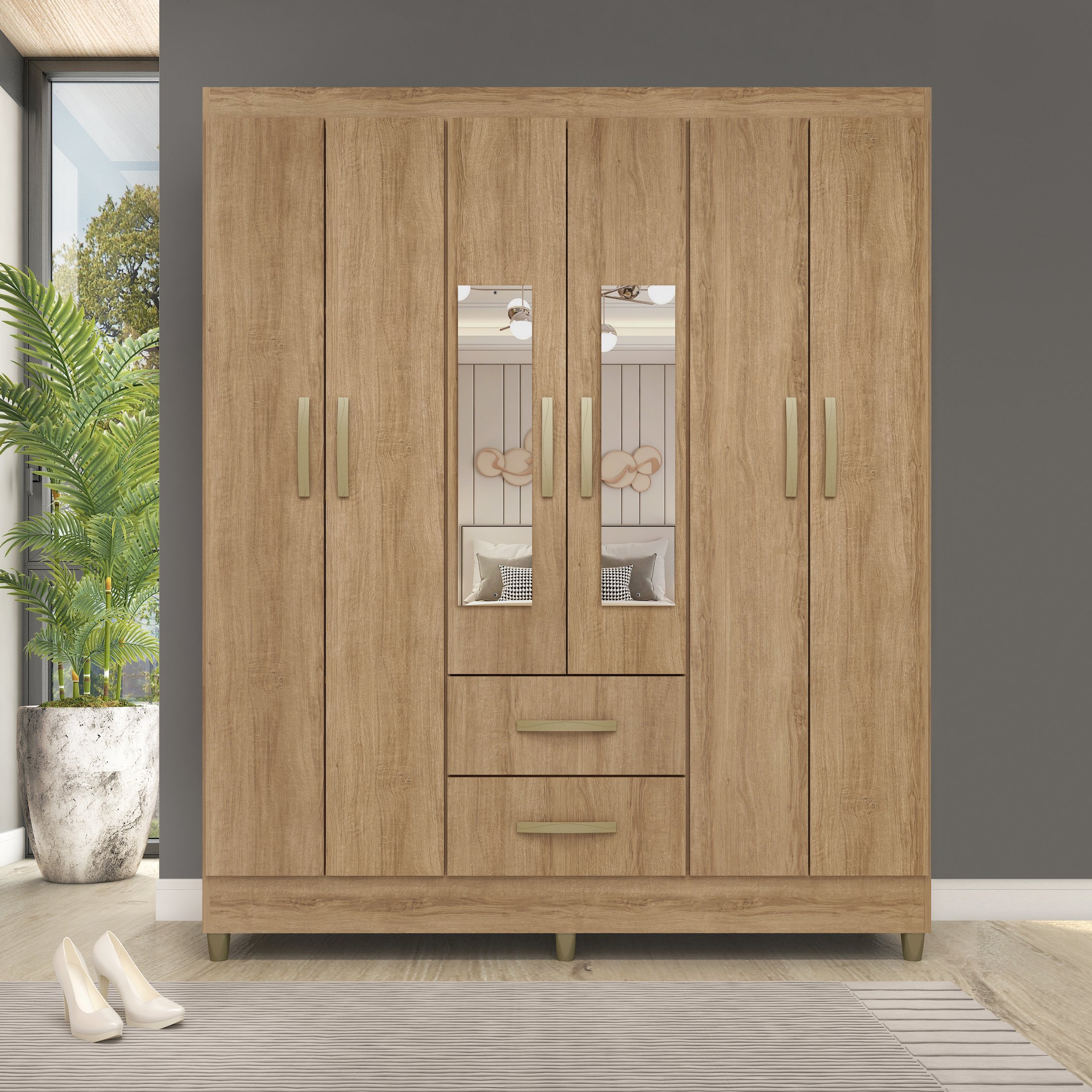 Guarda Roupa Casal com Espelho 6 Portas 2 Gavetas Milano com Pés ...