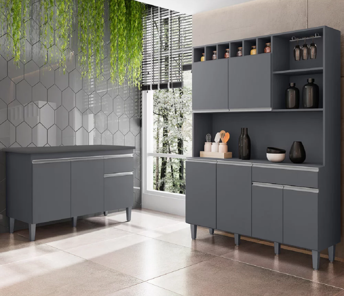 Cozinha Compacta Alice e Balcão Tatiane 120mt Com Tampo Mdp Cinza Ajl ...