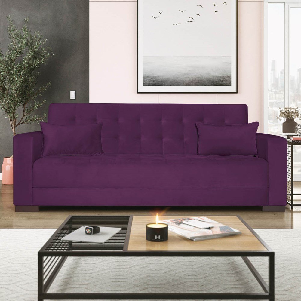 Sofá Cama 3 Lugares Jobim Suede Roxo - Amarena Móveis | MadeiraMadeira