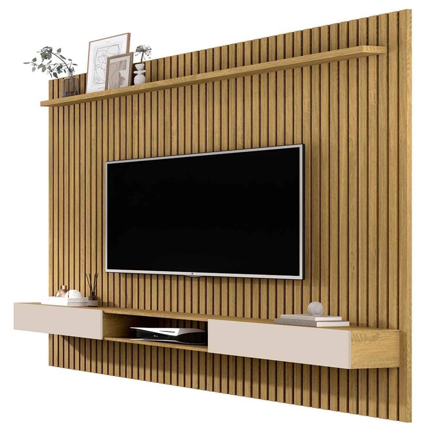 Painel Ripado para TV até 70 Polegadas com Nicho 2 Portas Prateleira ...