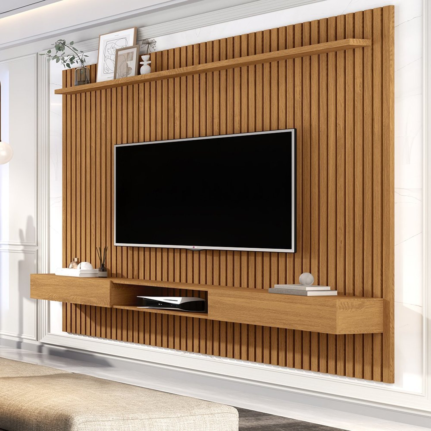Painel Ripado para TV até 70 Polegadas com Nicho 2 Portas e Prateleira ...
