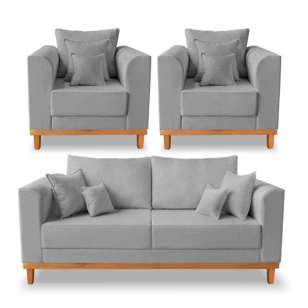 Kit Sofá 3 Lugares e 2 Poltronas Beny Viena Com Base de Madeira Linho ...