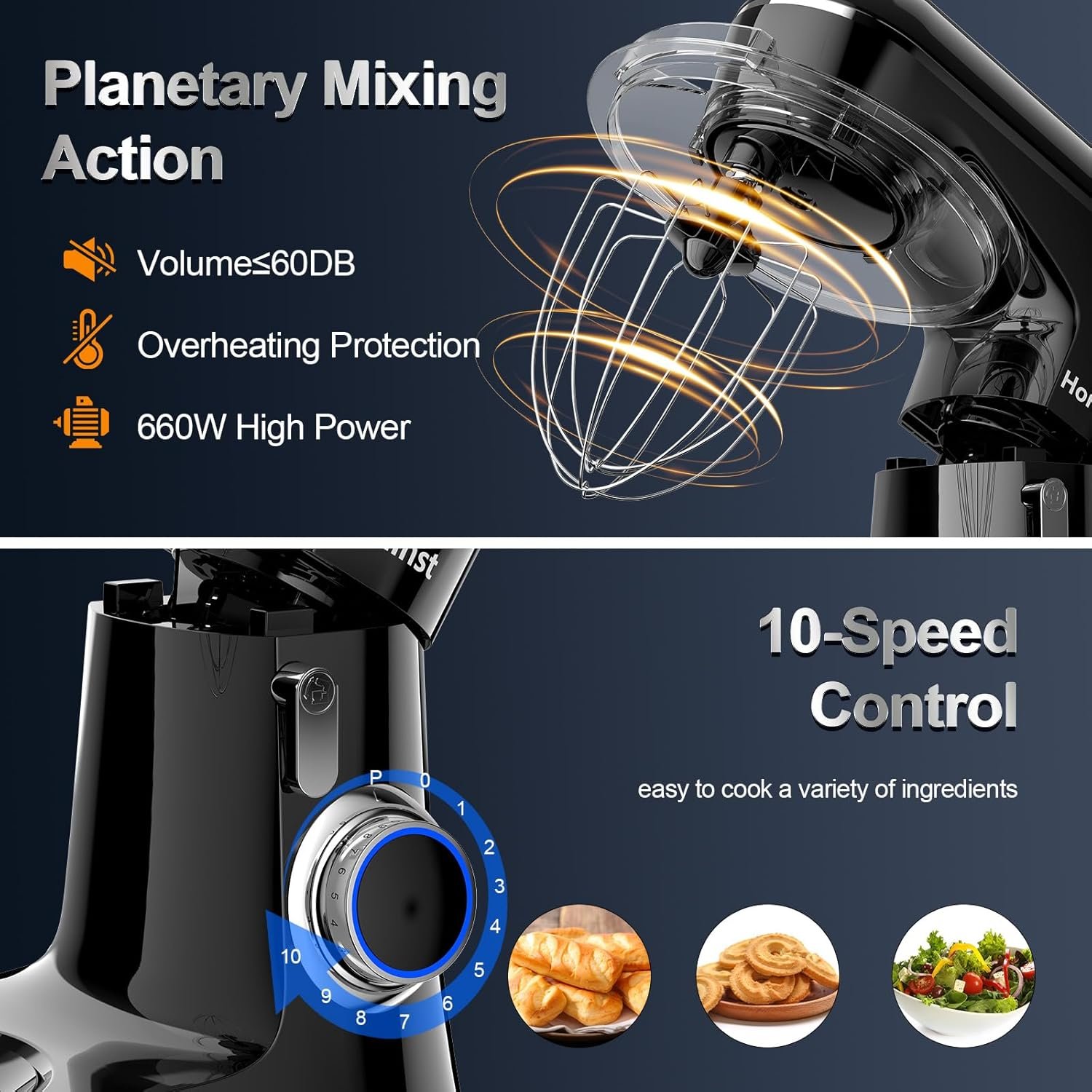 Honinst Stand Mixer 3 em 1, 10 Velocidades, 6.5qt, 660w, Preto ...