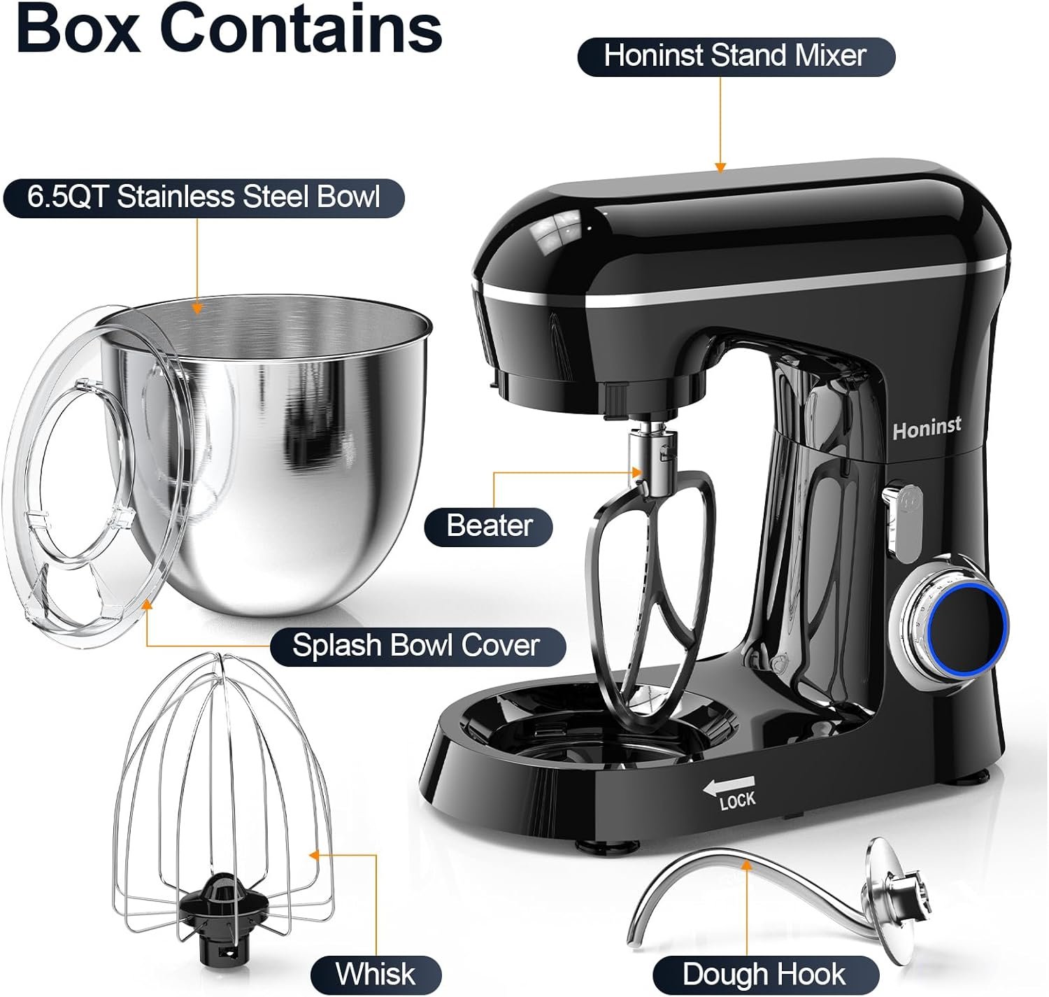 Honinst Stand Mixer 3 em 1, 10 Velocidades, 6.5qt, 660w, Preto ...