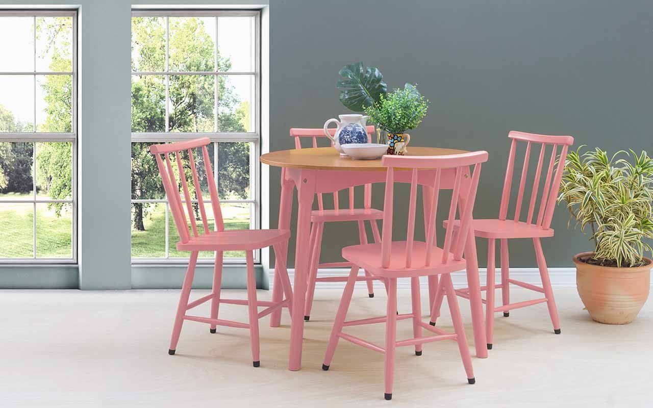 MESA REDONDA COM CADEIRAS MIMO 90CM JATOBÁ E ROSA CORAL | MadeiraMadeira