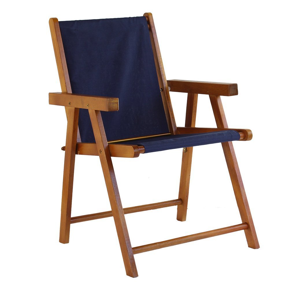 Cadeira Praia Dobrável em Madeira Envernizada Mel com Tecido Azul Escuro | MadeiraMadeira