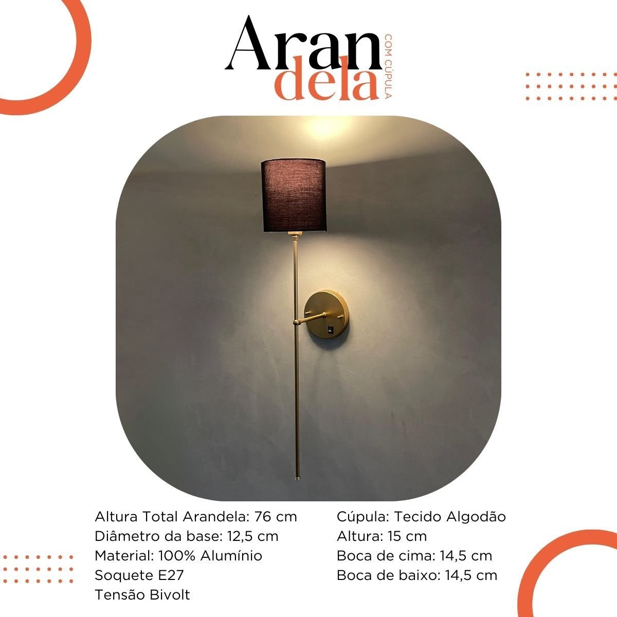 Arandela de Parede Dourado Classica Sala de Estar Cupula Tecido Algodao ...