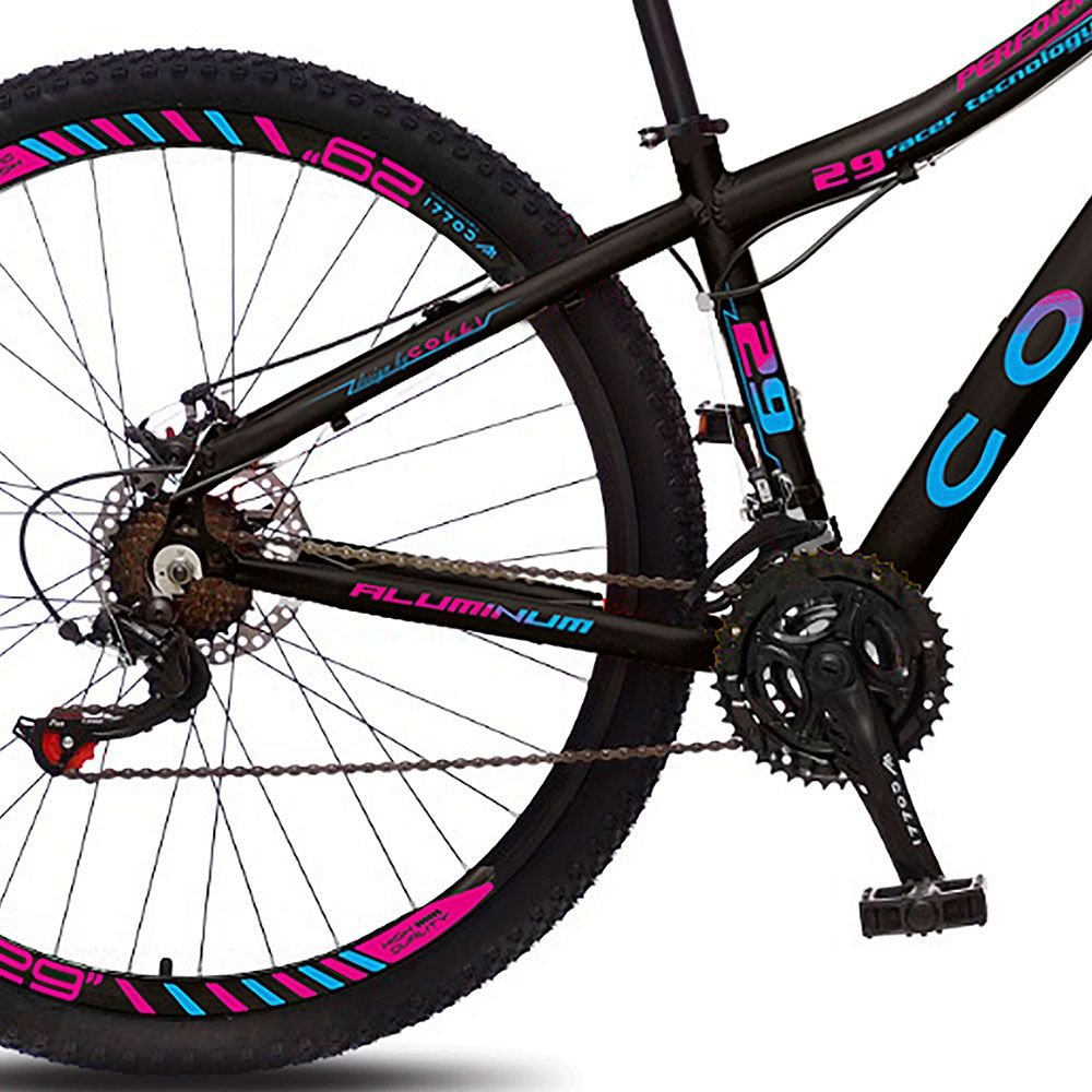 Bicicleta Colli Eudora em Alumínio Susp. Freio a Disco Cambio Shimano Preta/Rosa e Azul Aro 29 ...