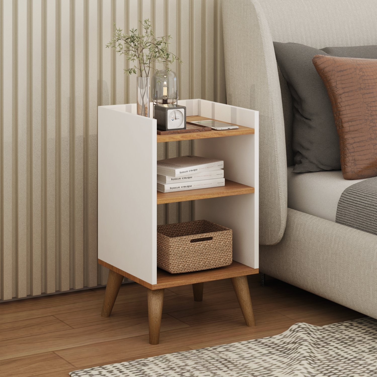 Mesa de Cabeceira Retrô com Pés Palito em Madeira Maciça Prateleiras e ...