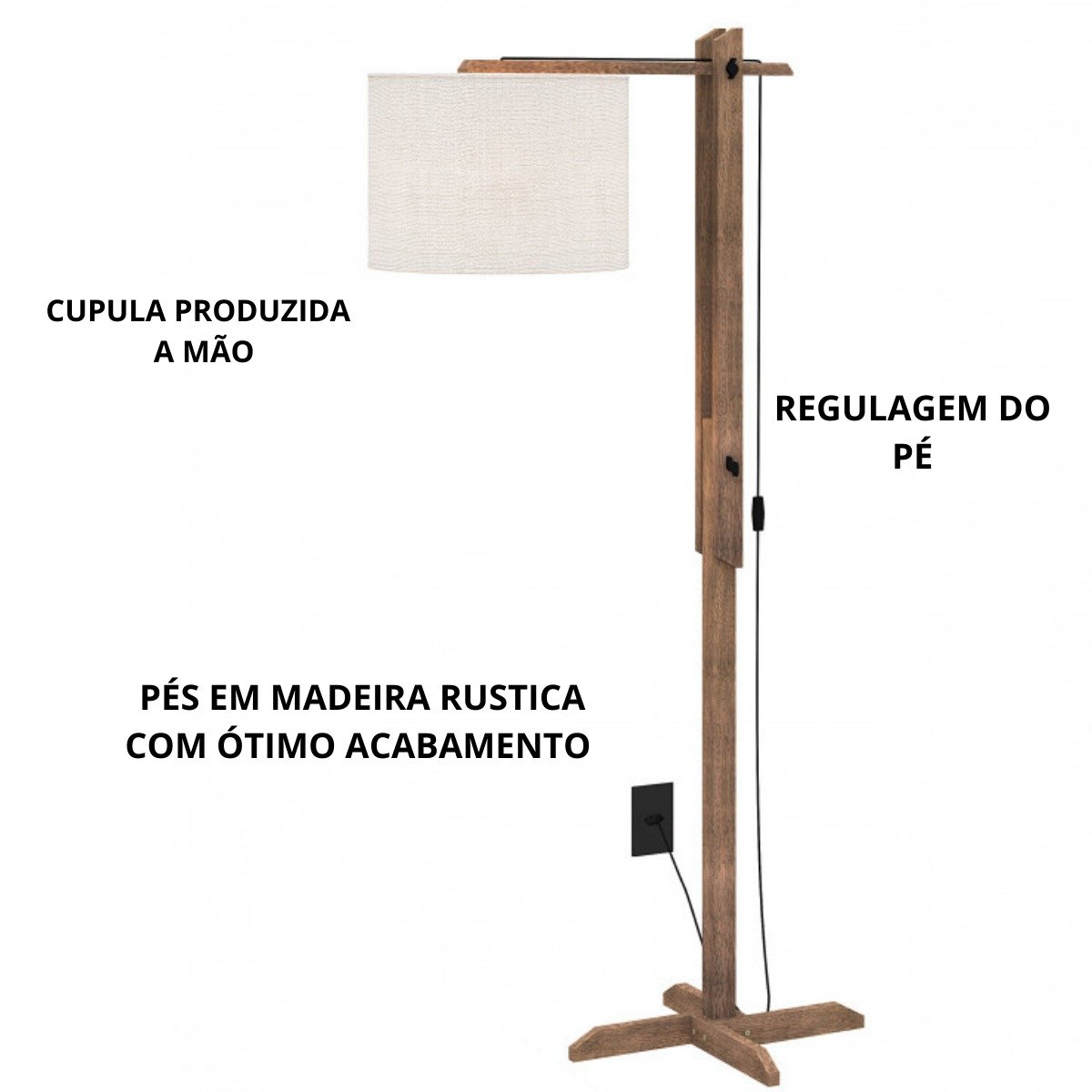 Abajur Chão Luminária Onix com Pés de Madeira Rustico - Off White ...