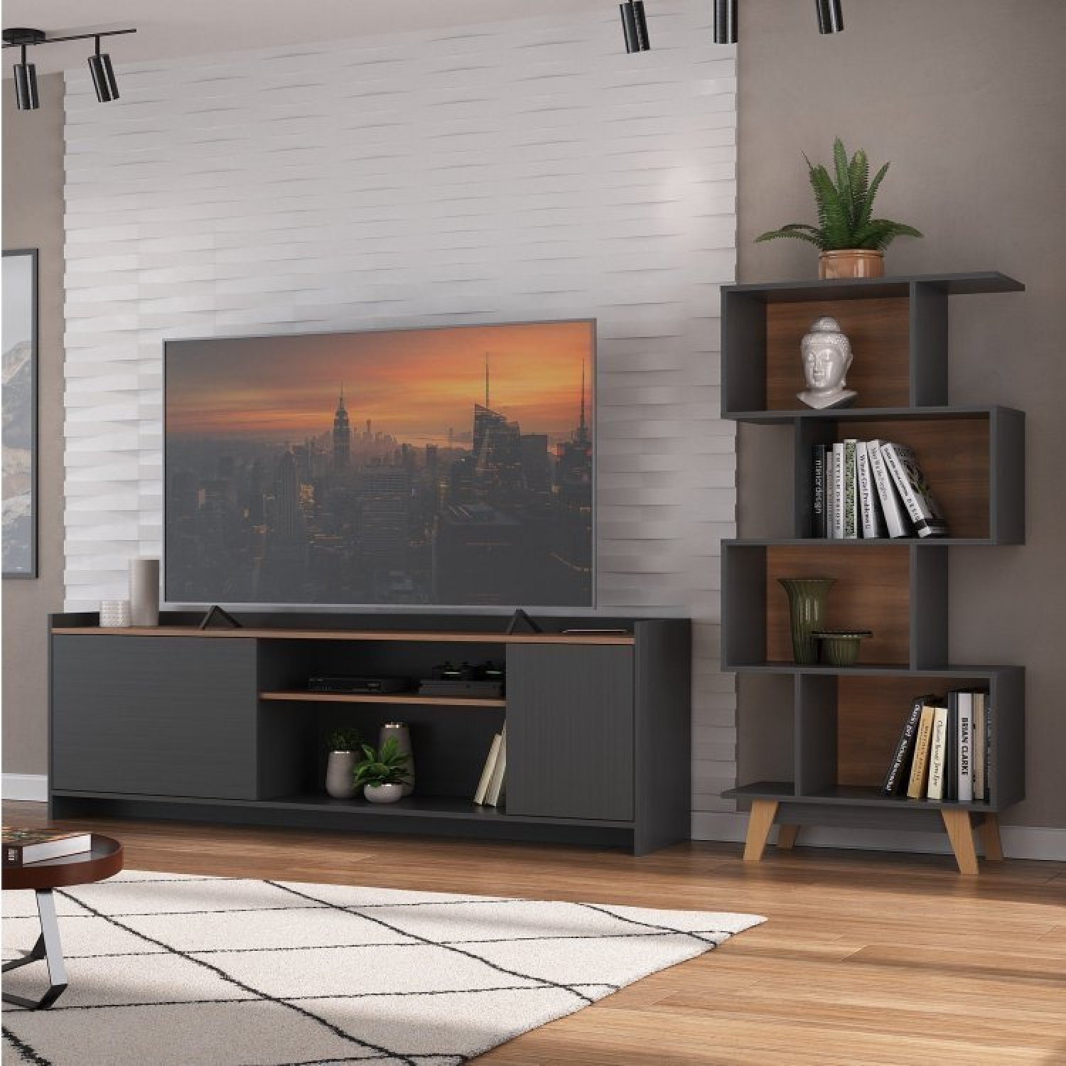 Conjunto Rack para TV até 60 Polegadas 2 Portas 2 Nichos e Estante Livreiro 4 Nichos Hecol ...