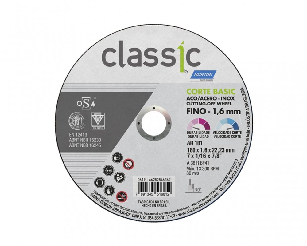 Disco Corte Ferro Norton Classic Basic 180x1,6x22,23mm | MadeiraMadeira