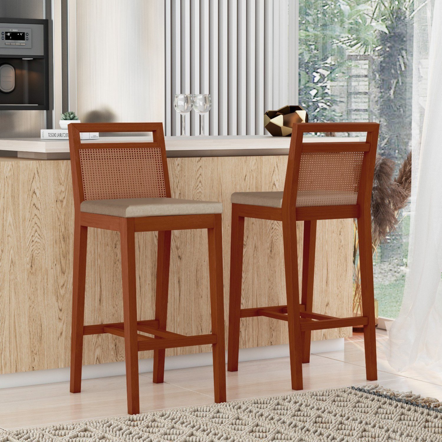 Kit 2 Banquetas Madeira Maciça Rattan Bey | MadeiraMadeira