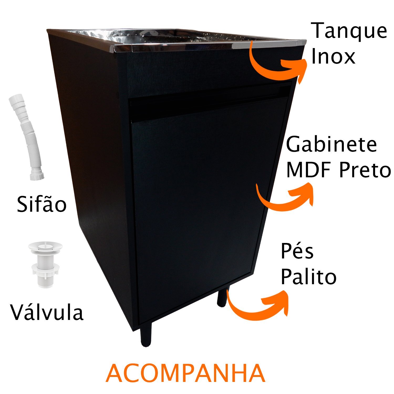 Tanque de lavar roupa Inox 30L Gabinete Preto MDF Montado | MadeiraMadeira