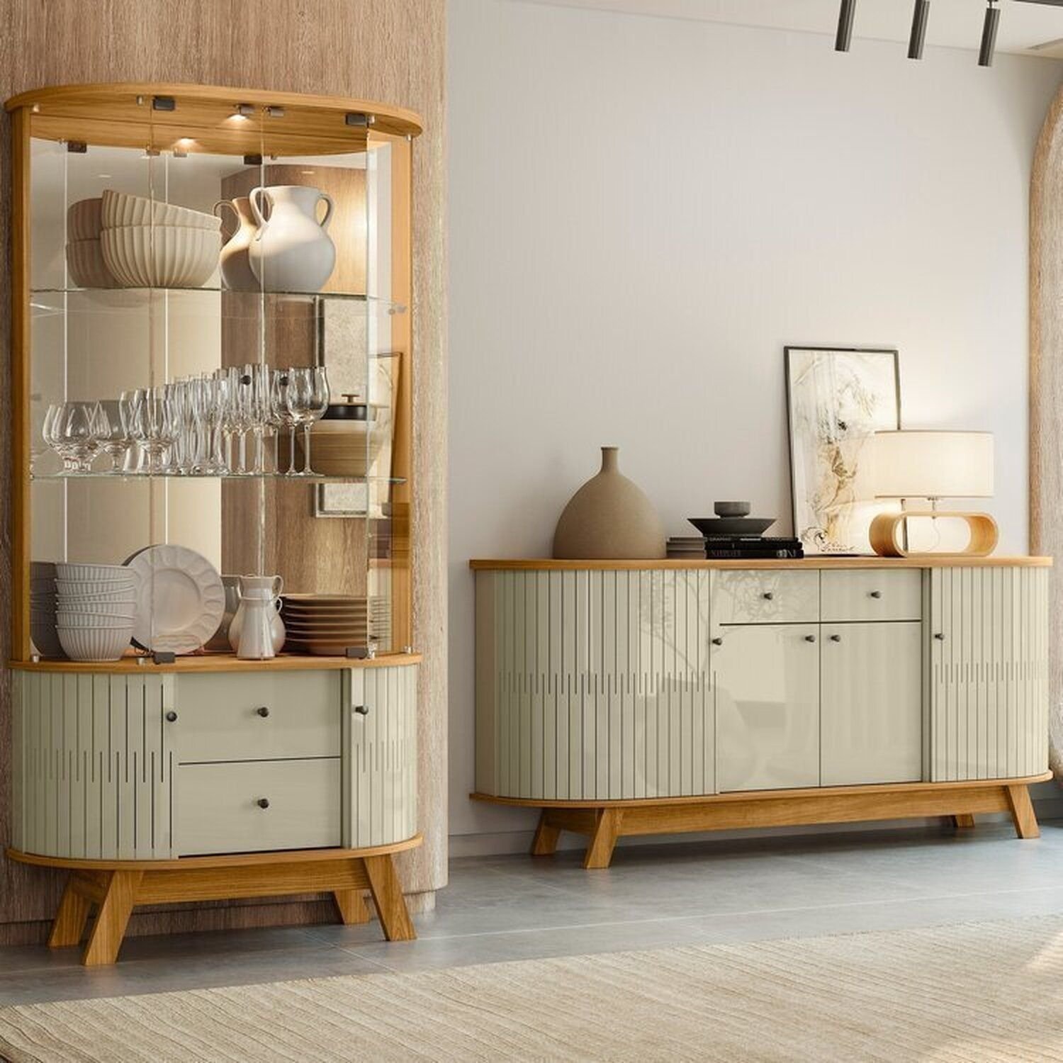 Conjunto Buffet Mônaco Cristaleira Moss Porta Curva Pés Palito MDF com ...