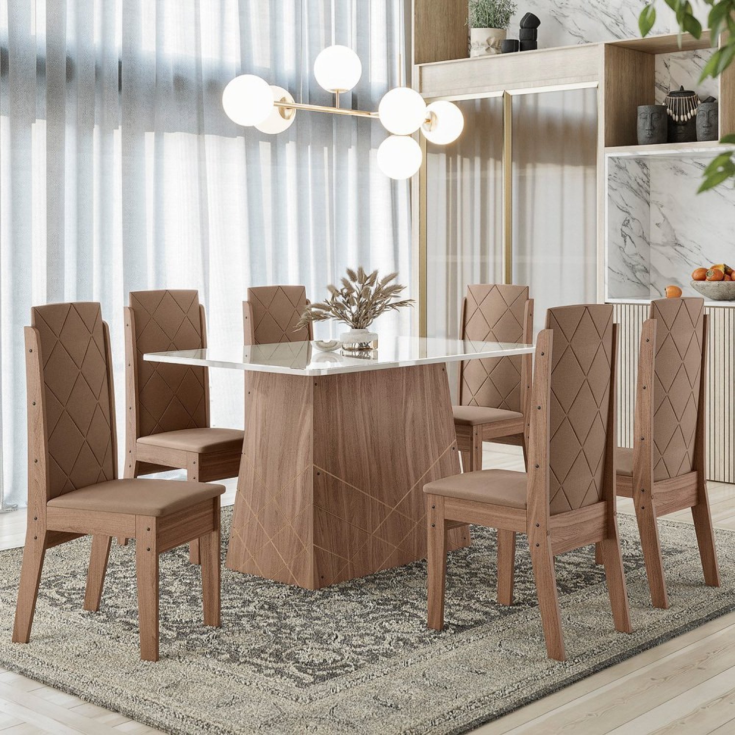 Conjunto Sala de Jantar 135x90cm Tampo Vidro/MDF com 6 Cadeiras Torre ...