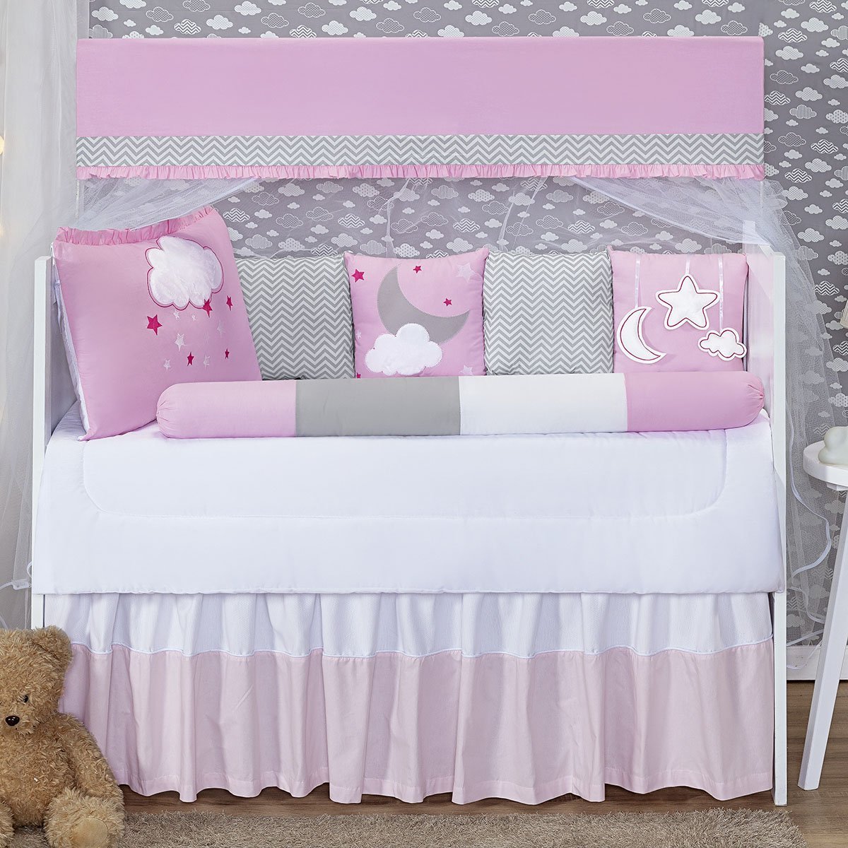 Kit Protetor Berço Rolo Ceu Rosa 100% Algodão 140 Fios- 11 Peça Balu ...