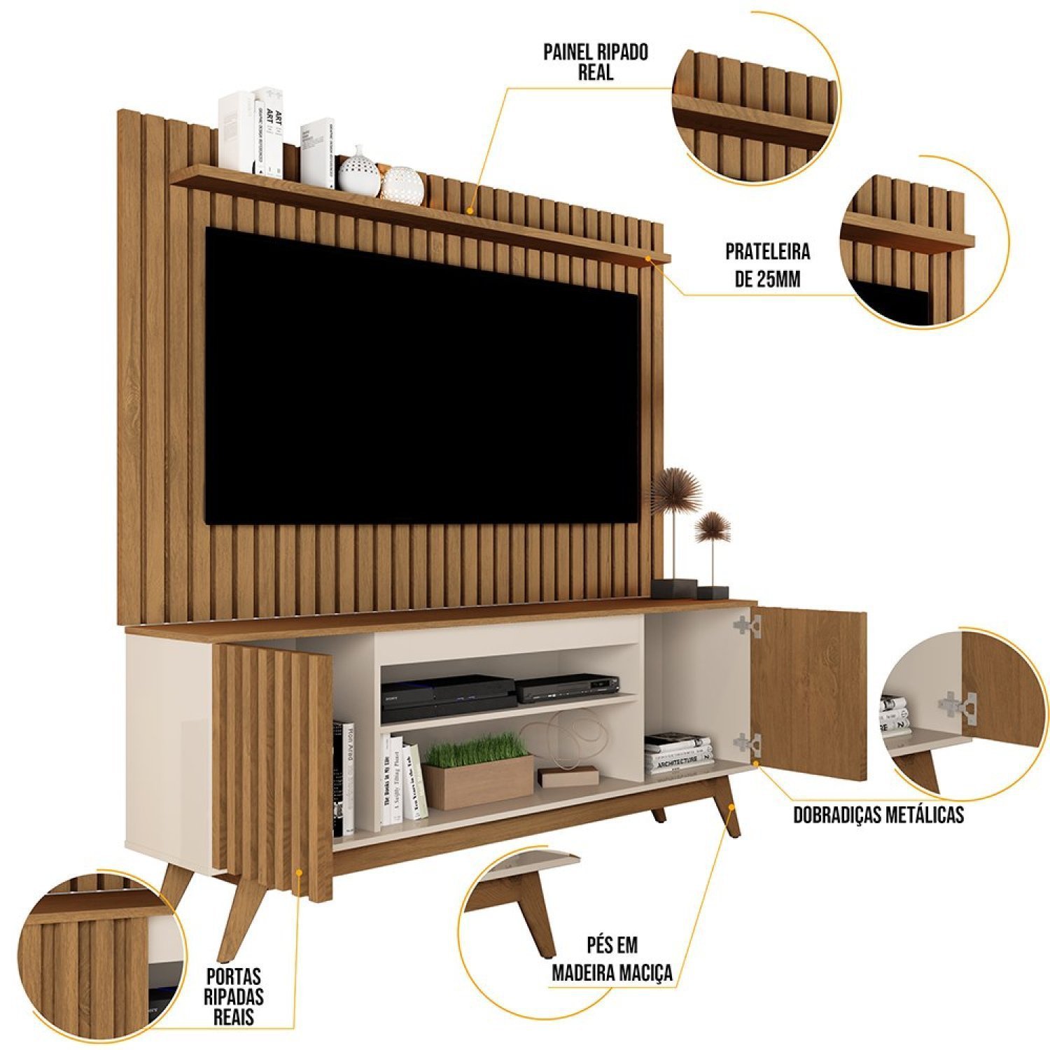 Rack Ripado Malibu Wood com Painel Classic para TV até 60 Polegadas 2 ...