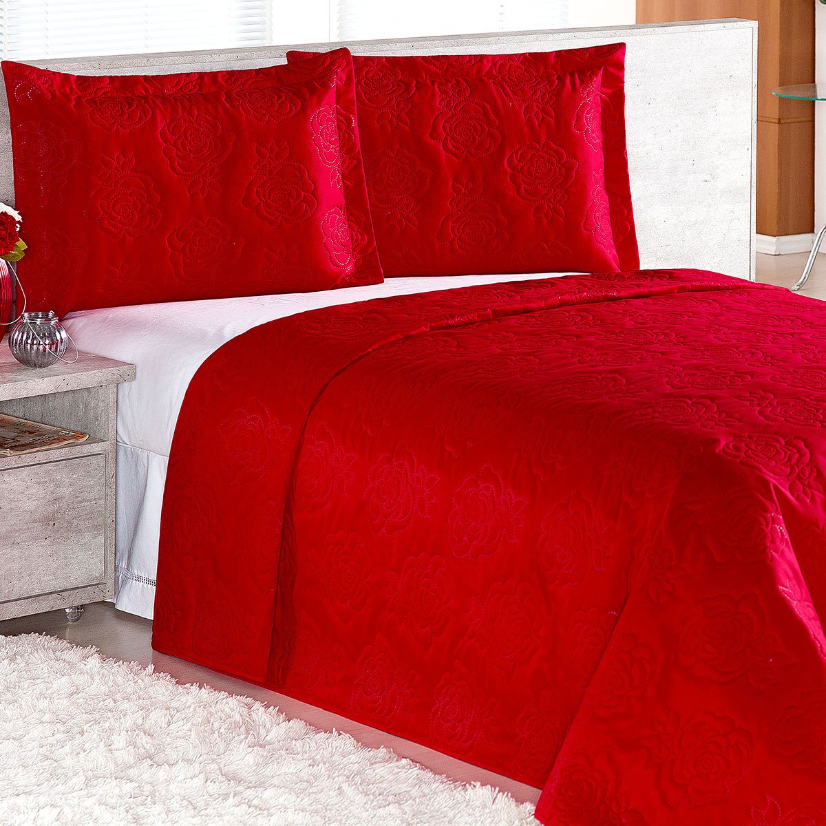 Cobre Leito Solteiro Vermelho Texturizado Rosas 2,15m x 1,50m 2 Peças ...